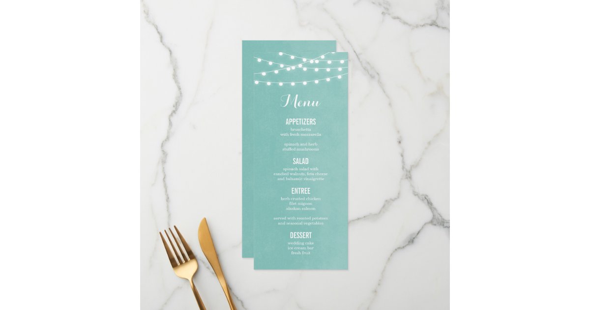 Aqua String Lights Wedding Menu Card | Zazzle
