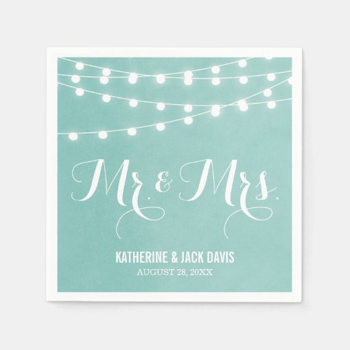 Aqua String Lights Wedding Monogram Napkins | Zazzle