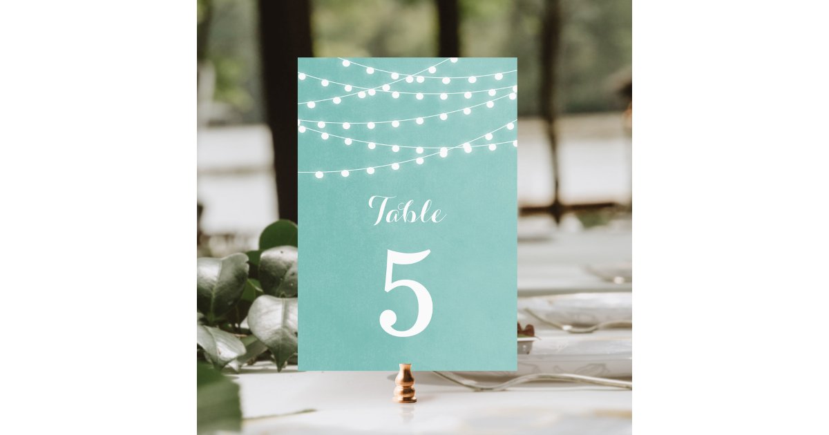 Aqua String Lights Wedding Table Numbers | Zazzle