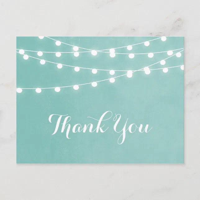 Aqua String Lights Wedding Thank You Postcard | Zazzle
