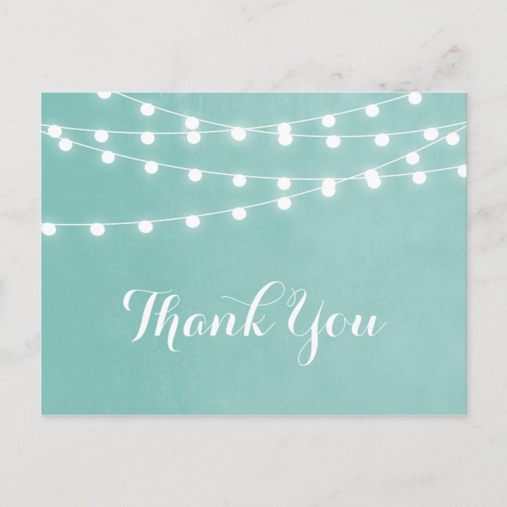 Aqua String Lights Wedding Thank You Postcard | Zazzle