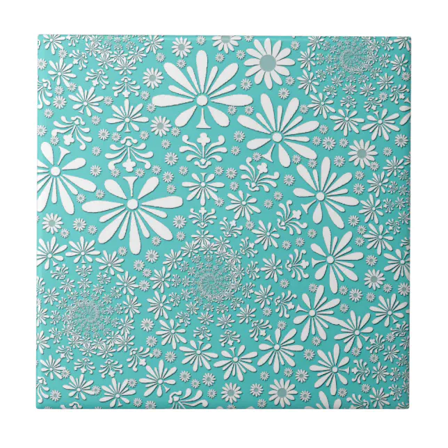 Aqua Teal and White Spring Flowers Pattern Ceramic Tile | Zazzle
