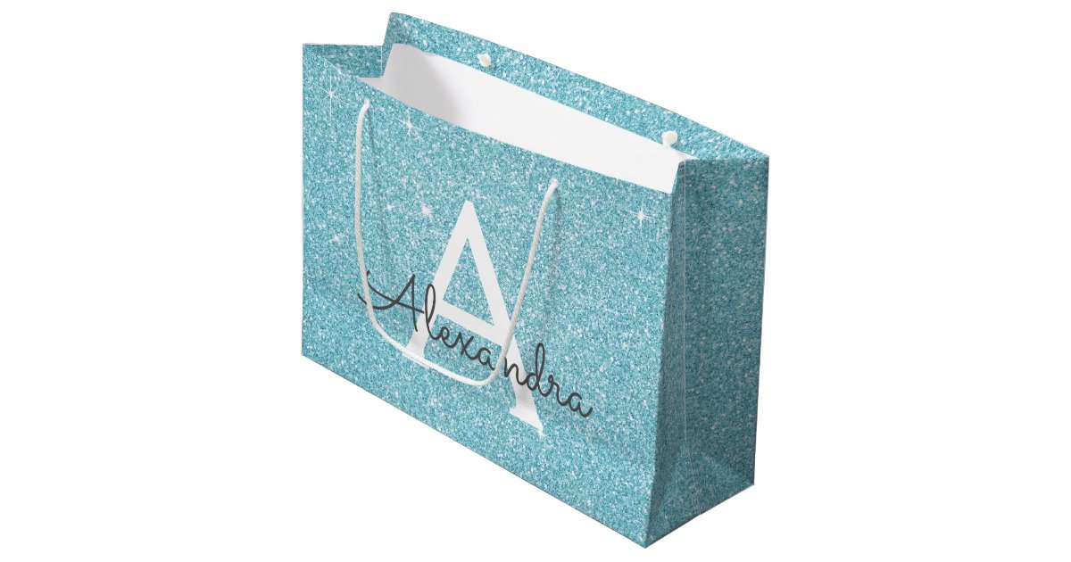 Aqua Teal Blue Glitter & Sparkle Monogram Large Gift Bag | Zazzle
