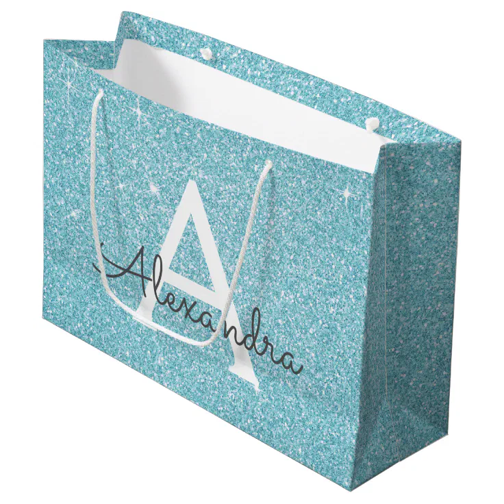 Aqua Teal Blue Glitter & Sparkle Monogram Large Gift Bag | Zazzle
