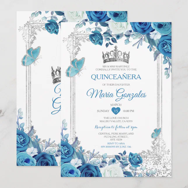 Aqua Teal Quinceañera Silver Crown 15 Anos Invitation | Zazzle