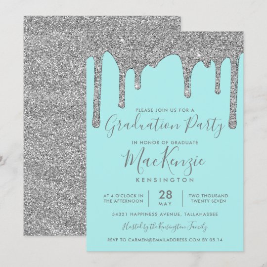 Aqua Teal Silver Glitter Drips Graduation Party Invitation | Zazzle.com
