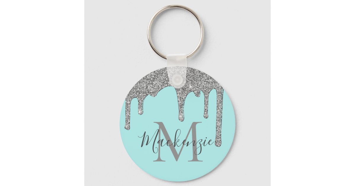 Aqua Teal Silver Sparkle Glitter Drips Monogram Keychain | Zazzle