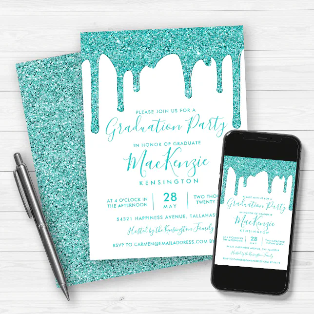 Aqua Teal Sparkle Glitter Drips Graduation Party I Invitation | Zazzle