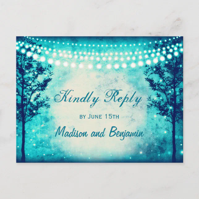 Aqua Trees String Lights Wedding RSVP POSTCARDS | Zazzle