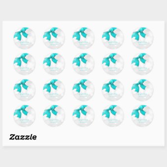 Aqua Turquoise Blue Bow & Sparkles Chic Party Classic Round Sticker ...