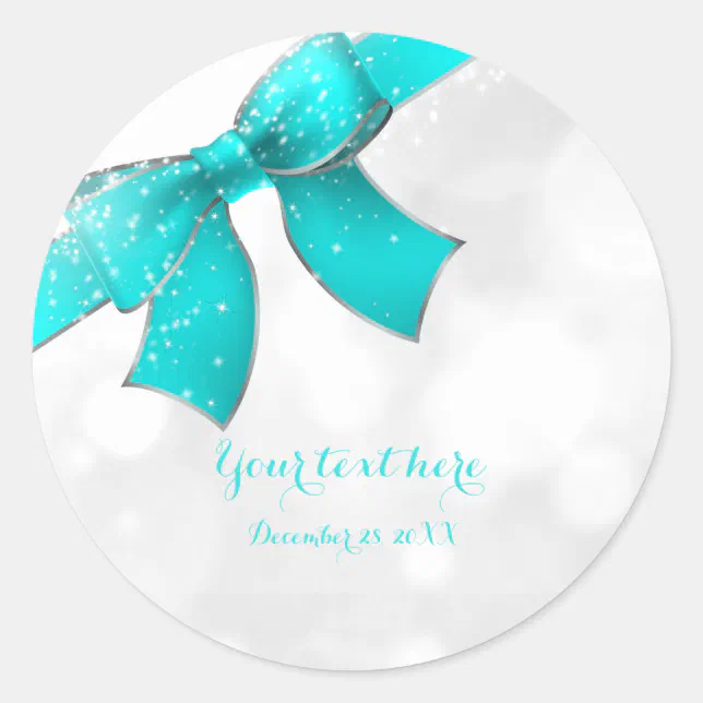 Aqua Turquoise Blue Bow & Sparkles Chic Party Classic Round Sticker ...