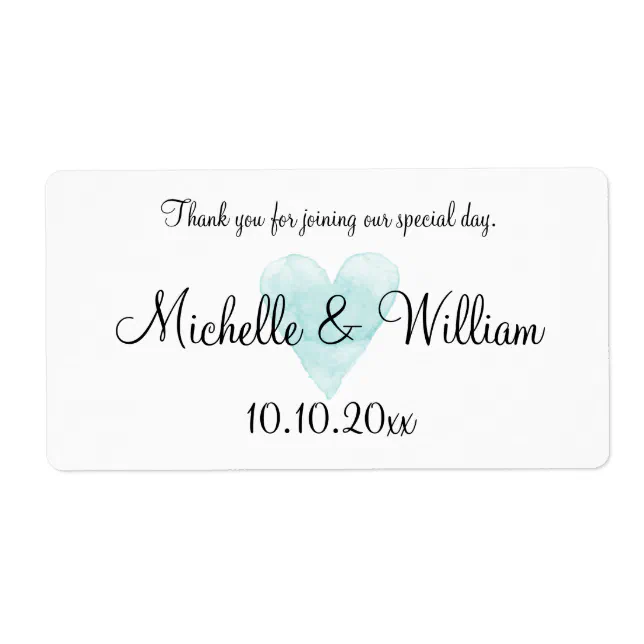 Aqua watercolor heart wedding water bottle labels | Zazzle