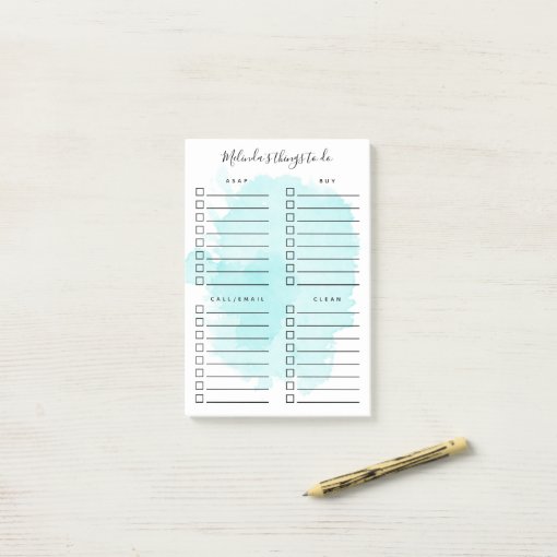Aqua Watercolor Splash Organized Things to Do Post-it Notes | Zazzle