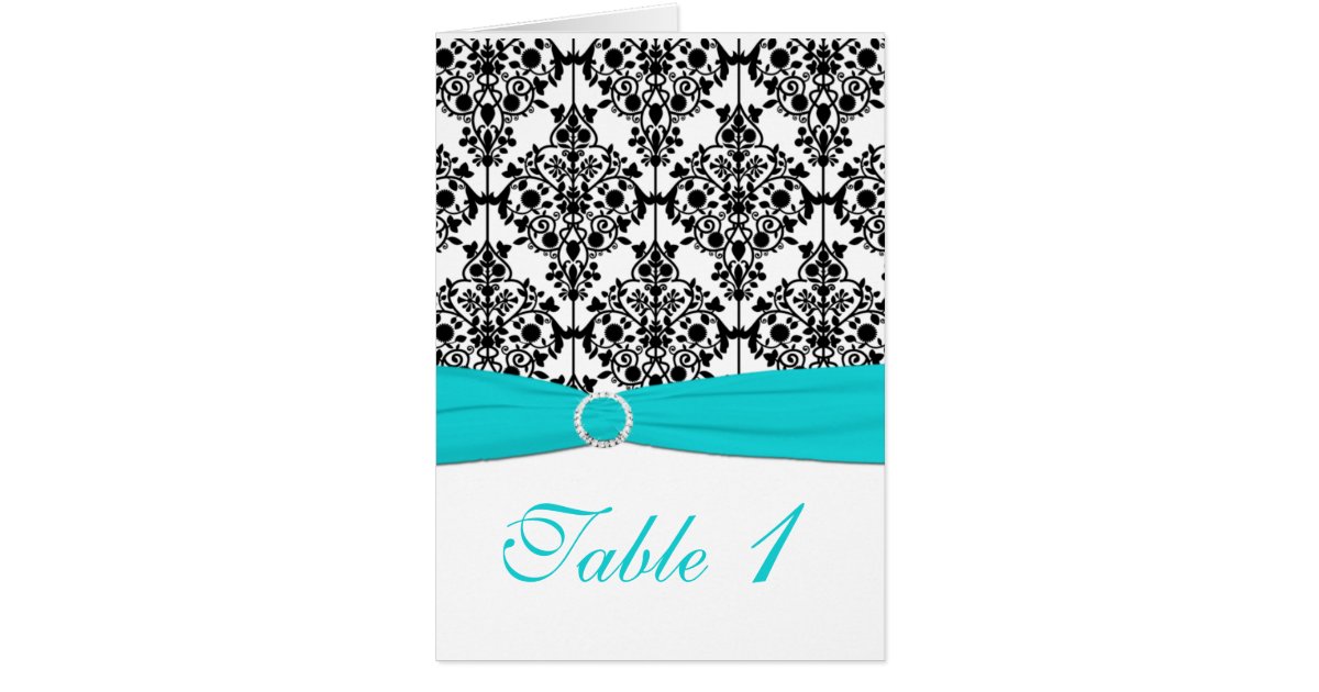 Aqua, White and Black Damask Table Number Card | Zazzle