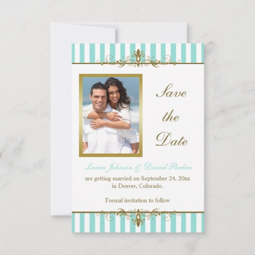 Aqua, White Stripes Gold Scroll Save the Date Card | Zazzle