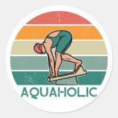 Aquaholic swimming race girl with sunset classic round sticker | Zazzle
