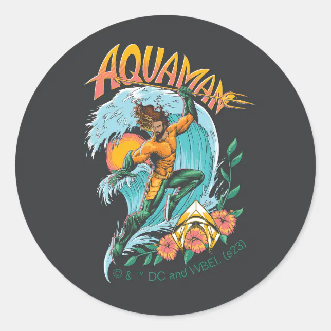 Aquaman and Trident Rising Surf Graphic Classic Round Sticker | Zazzle