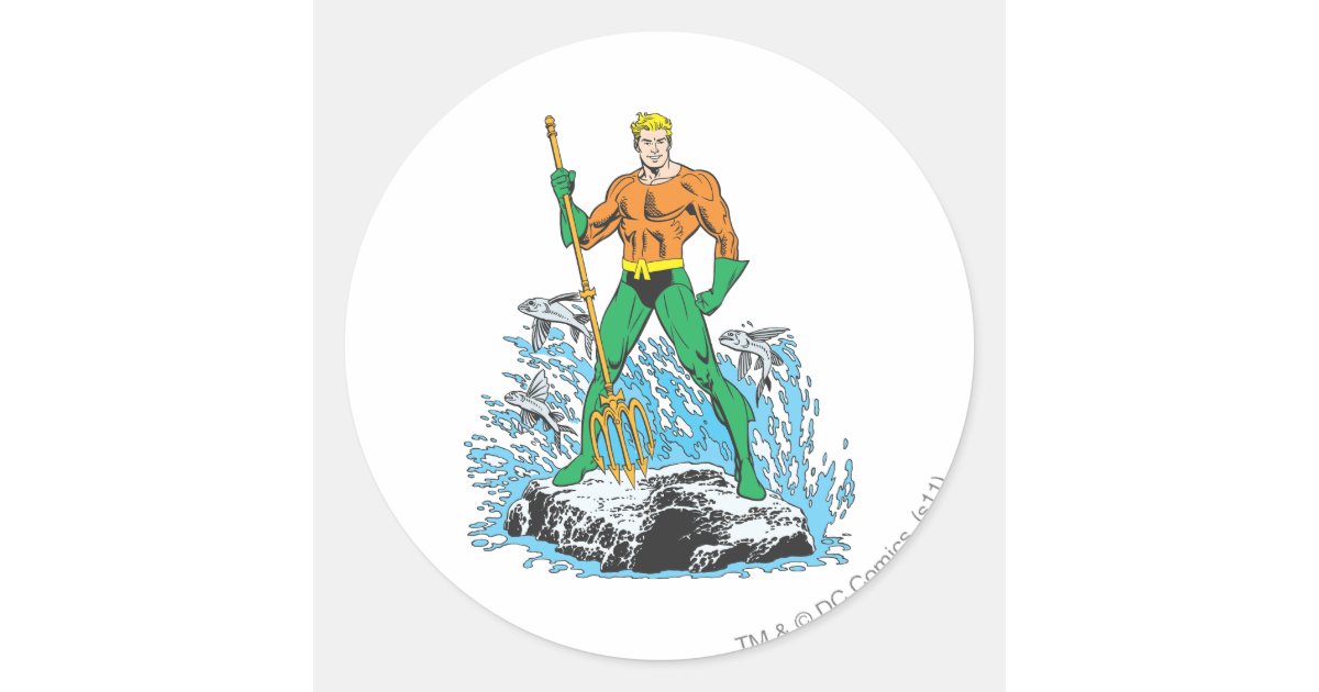 Aquaman Stands with Pitchfork Classic Round Sticker | Zazzle