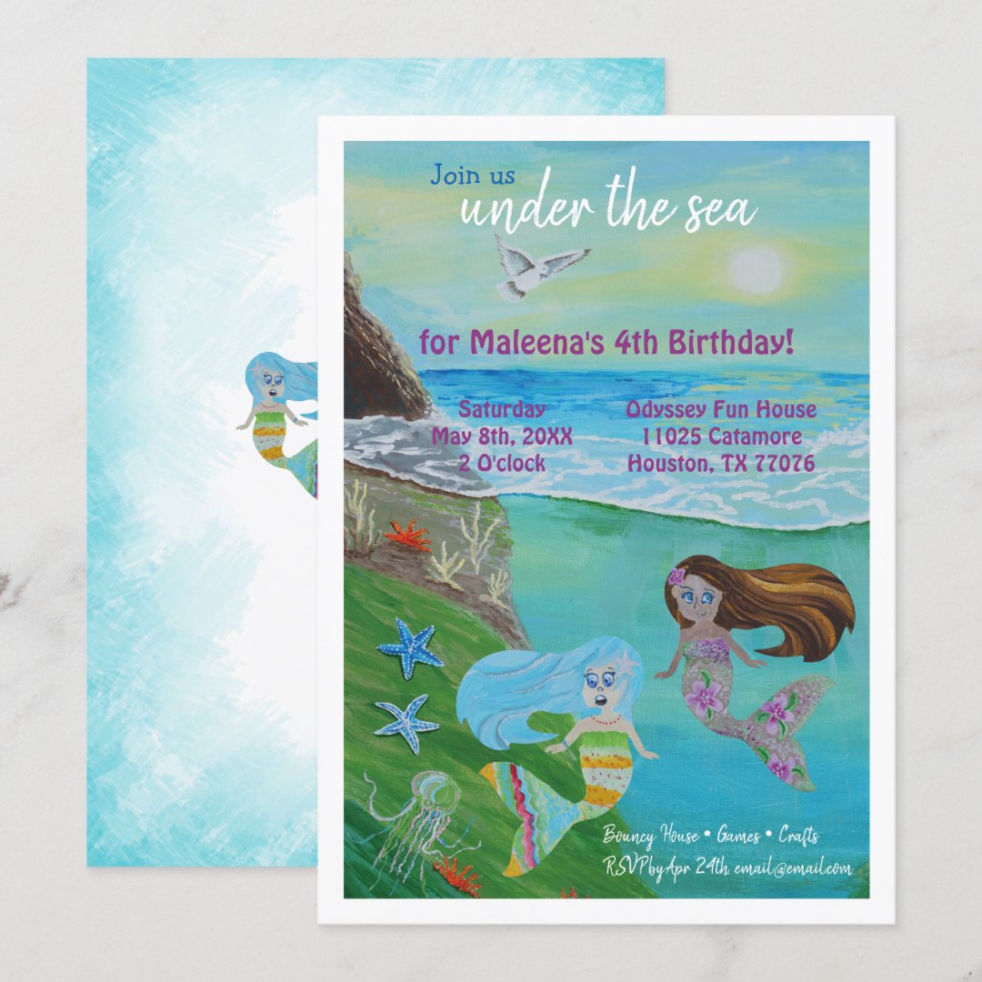 Aquamarine, Pink, Blue Mermaid Birthday Party Invitation | Zazzle
