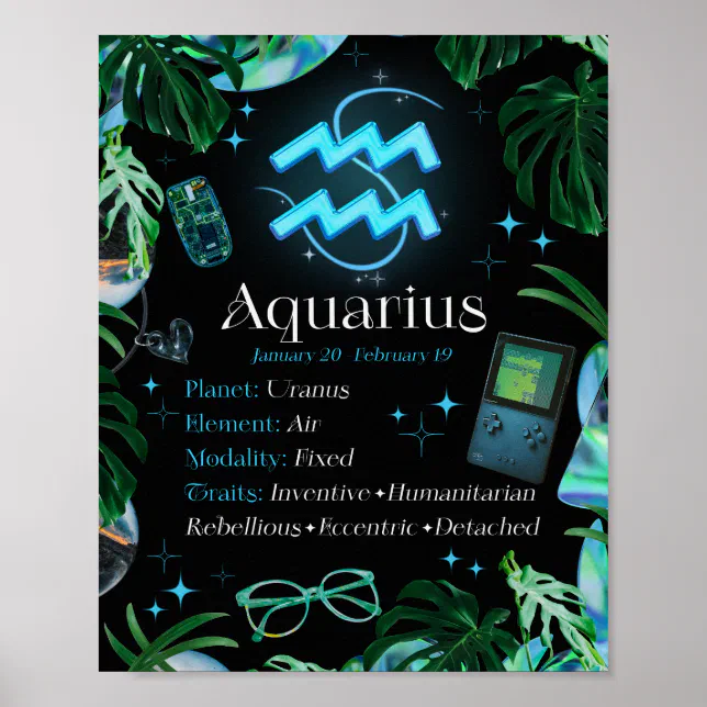 Aquarius Zodiac Star Sign Y2K Black Poster | Zazzle