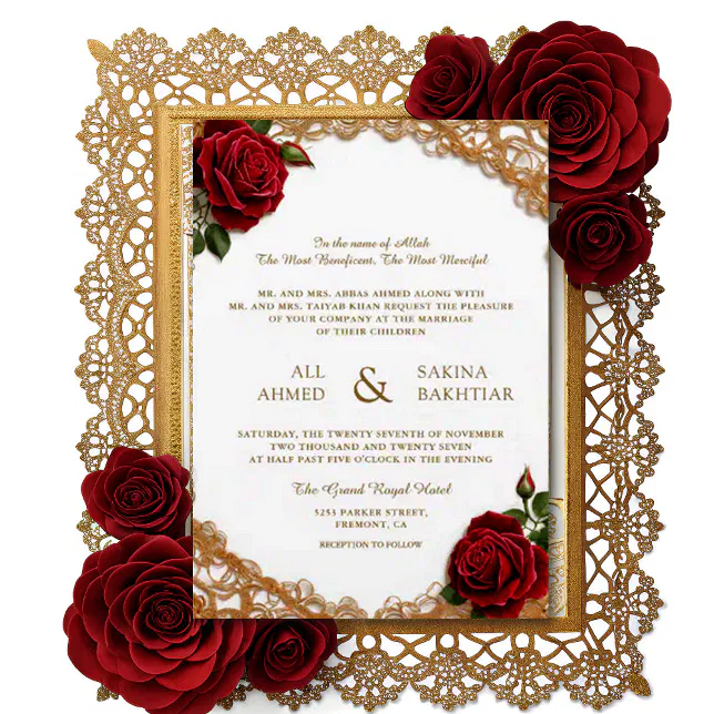 Arabic Roses Gold Elegant Floral Design Wedding Invitation | Zazzle