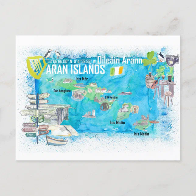 Aran Islands Ireland Illustrated Travel Map Postcard | Zazzle