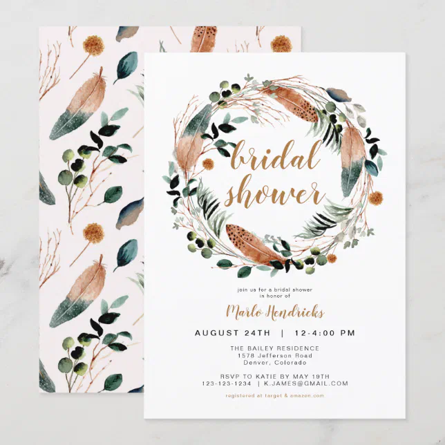 Arbor - Bohemian Feather Greenery Wreath Bridal Invitation | Zazzle