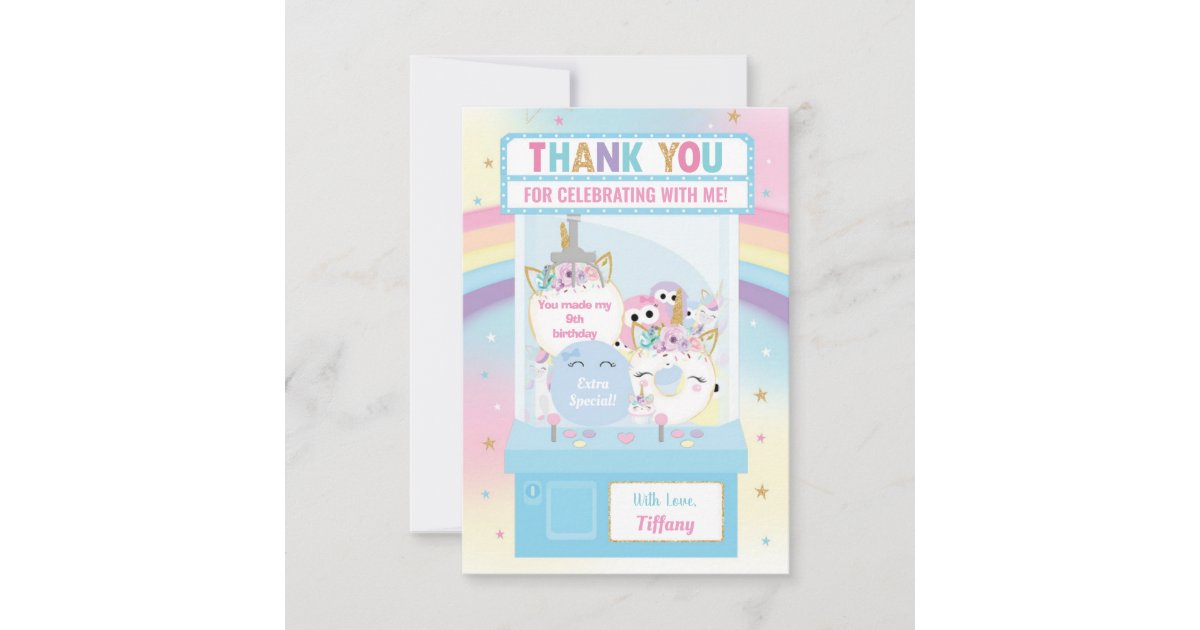 Arcade Girl Birthday Cute Blue Claw Machine Thank You Card | Zazzle