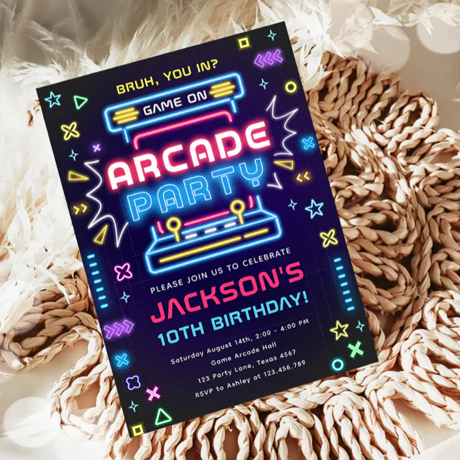 Arcade Party Glow Neon Video Game On Boy Birthday Invitation | Zazzle