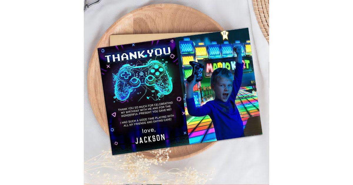 Arcade Video Game Birthday Photo Thank You Card | Zazzle