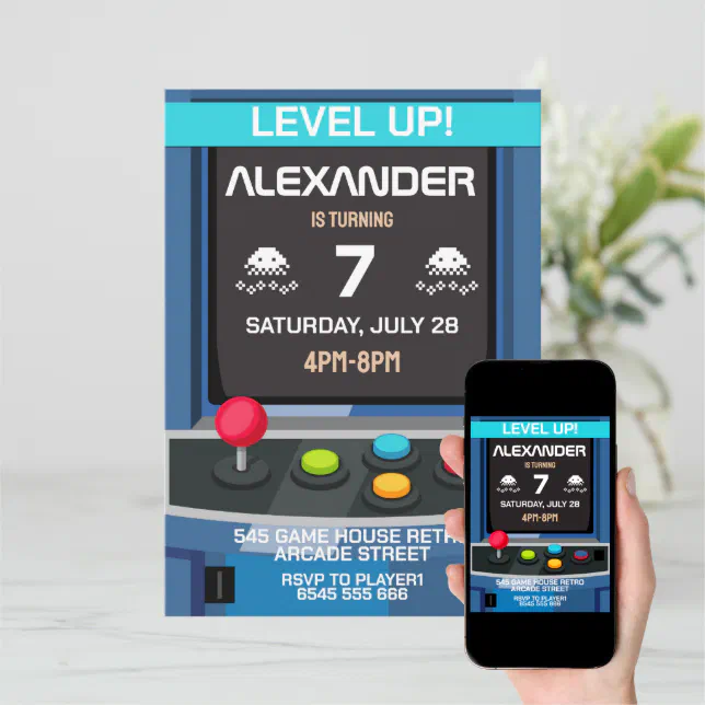 Arcade Video Game Level Up Birthday Invitation | Zazzle