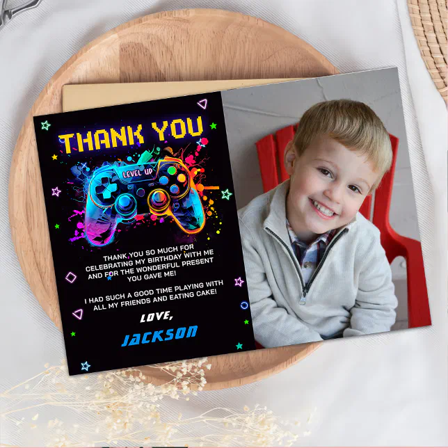 Arcade Video Game Level Up Birthday Photo Thank You Card | Zazzle