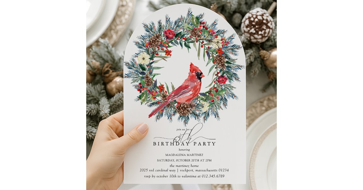 ARCH 65th Birthday Party Red Cardinal Wreath Invitation | Zazzle