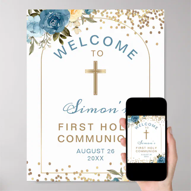 Arch Blue Gold Floral First Holy Communion Welcome Poster | Zazzle