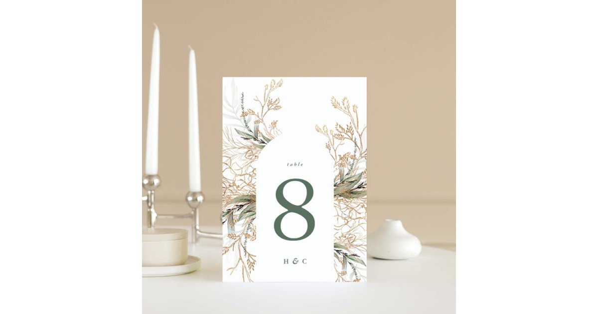 Arch Botanical Eucalyptus Golden Greenery Moss Tab Table Number | Zazzle