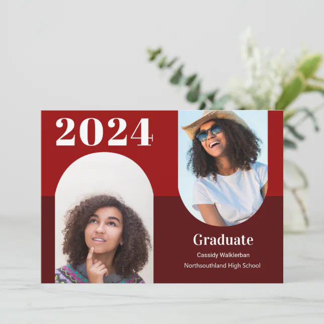 Arch Burgundy Two Photo Graduation Announcement | Zazzle