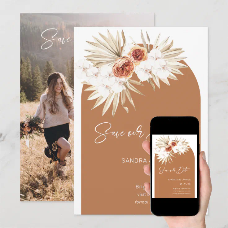 Arch Burnt Orange Floral Save The Date Card | Zazzle