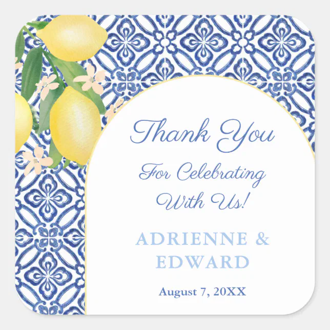 Arch Frame Capri Lemons Blue Tiles Wedding Favor Square Sticker | Zazzle