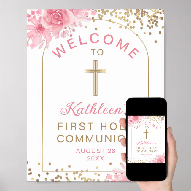 Arch Gold Pink Floral First Holy Communion Welcome Poster | Zazzle