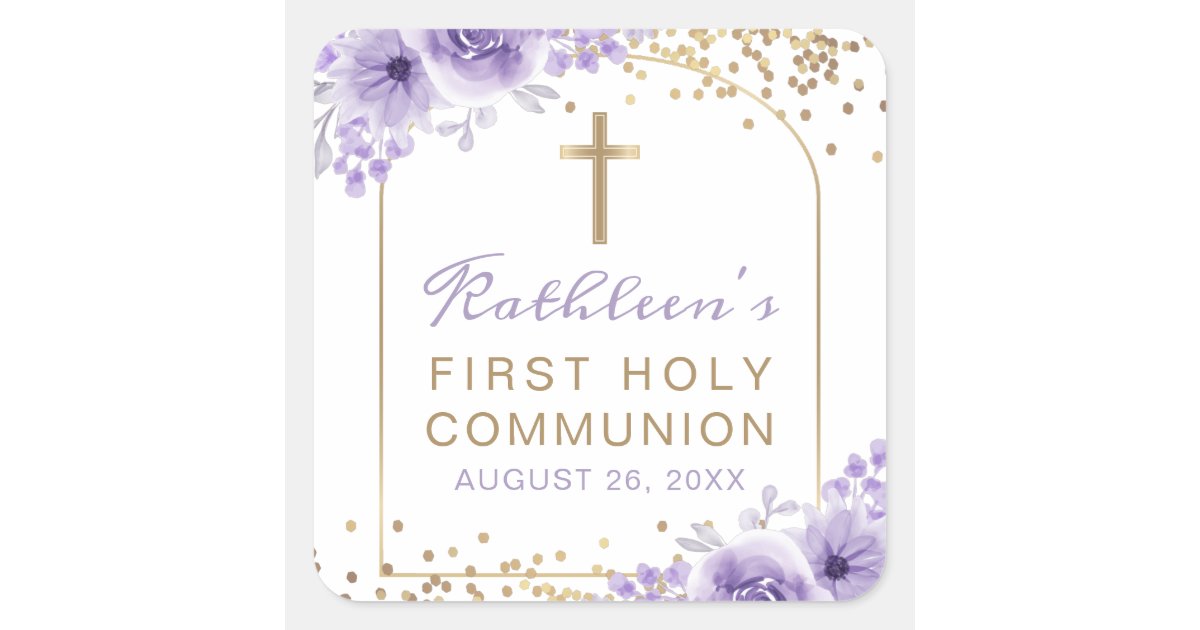 Arch Gold Purple Floral First Holy Communion Square Sticker | Zazzle