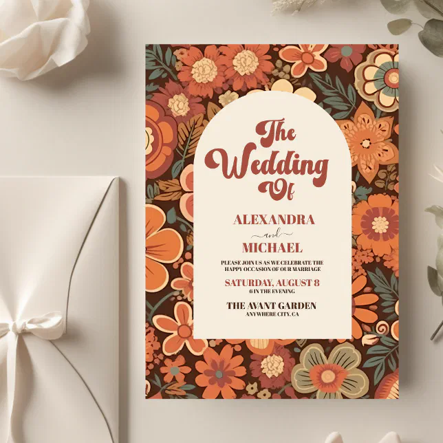 Arch Groovy Retro 70s Floral Wedding Invitation | Zazzle