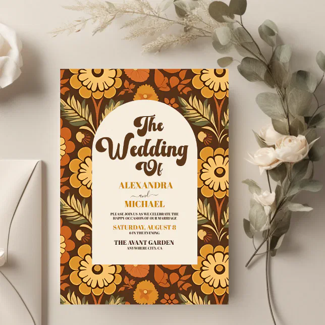 Arch Modern Retro 70s Floral Wedding Invitation | Zazzle