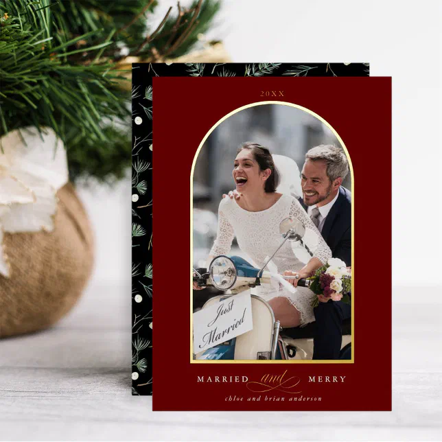 Arch Photo Married and Merry Foil Holiday Card | Zazzle