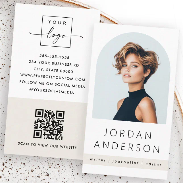 Arch photo modern minimal light tan QR logo Business Card | Zazzle