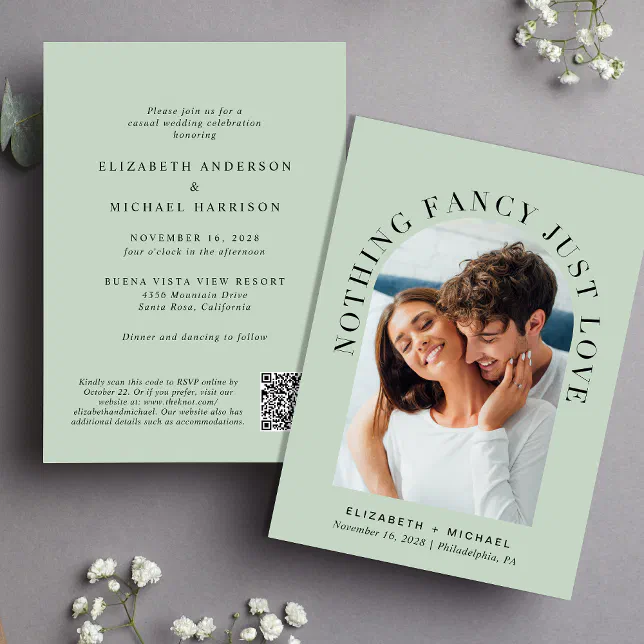 Arch Photo QR Code Nothing Fancy Just Love Wedding Invitation | Zazzle