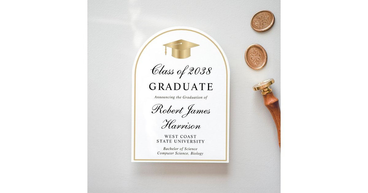Arch Photo White Gold Graduation Announcement | Zazzle