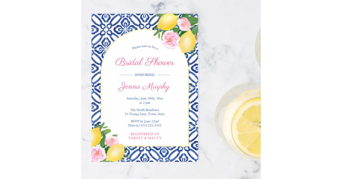 Arch Positano Lemons Blue Tiles Wedding Shower Invitation | Zazzle