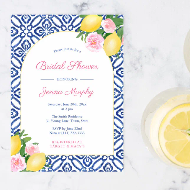 Arch Positano Lemons Blue Tiles Wedding Shower Invitation | Zazzle