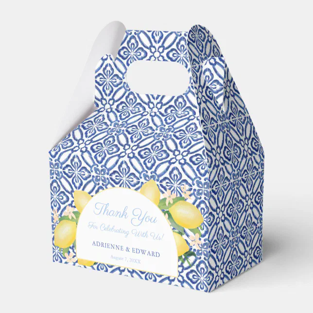 Arch Shape Mediterranean Lemons Blue Tiles Wedding Favor Boxes | Zazzle