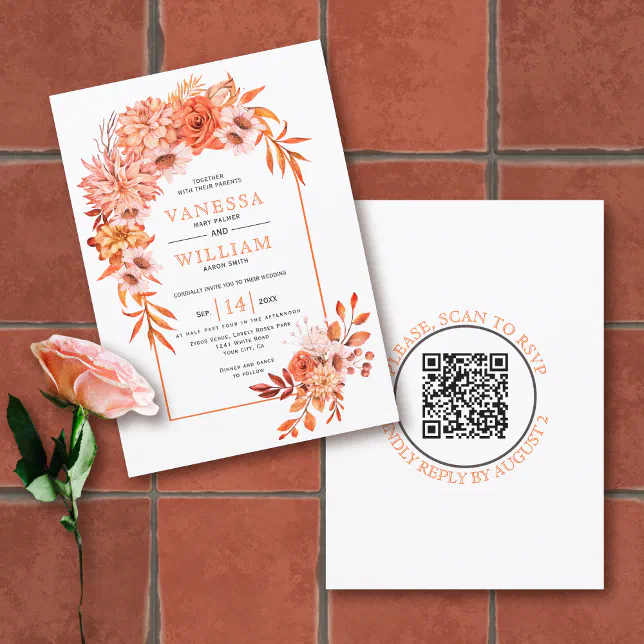 Arch with orange flowers QR code fall wedding Invitation | Zazzle